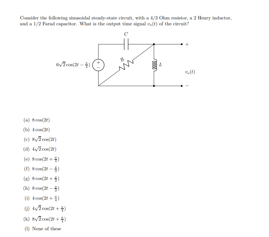 Solved Consider the following sinusoidal steady-state | Chegg.com