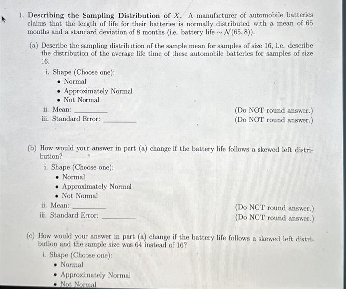 Solved 1. Describing the Sampling Distribution of Xˉ. A | Chegg.com
