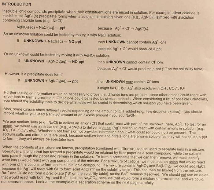 Solved INTRODUCTION Insoluble ionic compounds precipitate | Chegg.com