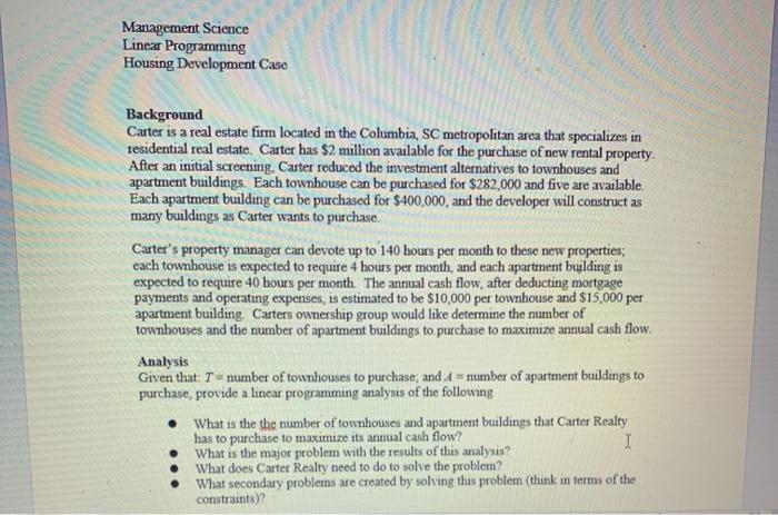 Solved Management Science Linear Programming Housing | Chegg.com