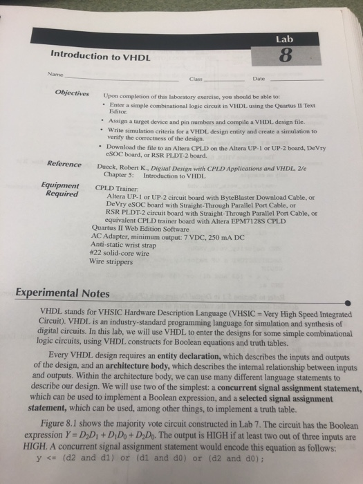 Solved Lab Introduction to VHDL 8 Name Class Date Objectives | Chegg.com