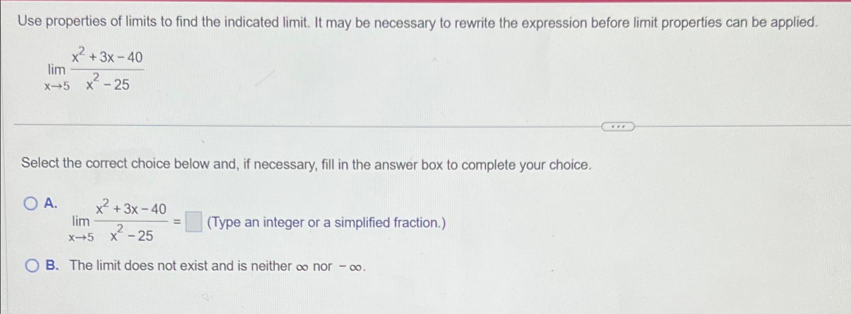 Solved Use properties of limits to find the indicated limit. | Chegg.com