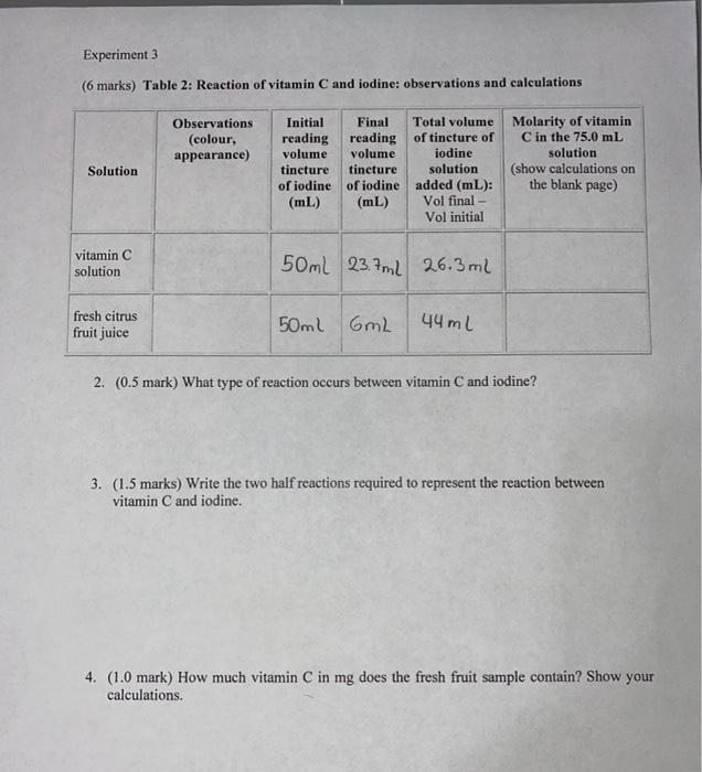 Solved Experiment 3 (6 marks) Table 2: Reaction of vitamin C | Chegg.com