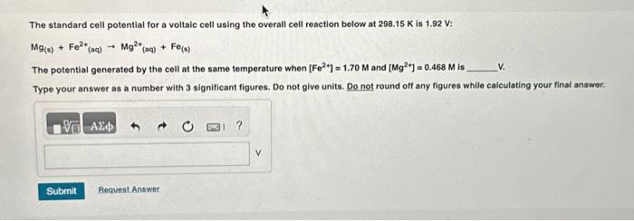 Solved The standard cell potential for a voltaic cell using | Chegg.com