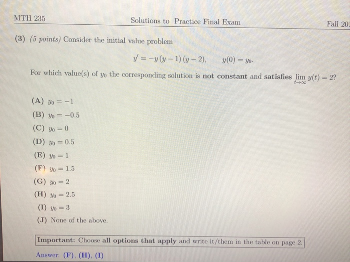 MTH 235 Solutions to Practice Final Exam Fall 20. (3) | Chegg.com