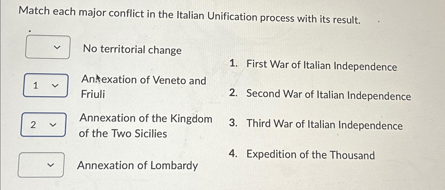 Solved Match each major conflict in the Italian Unification | Chegg.com