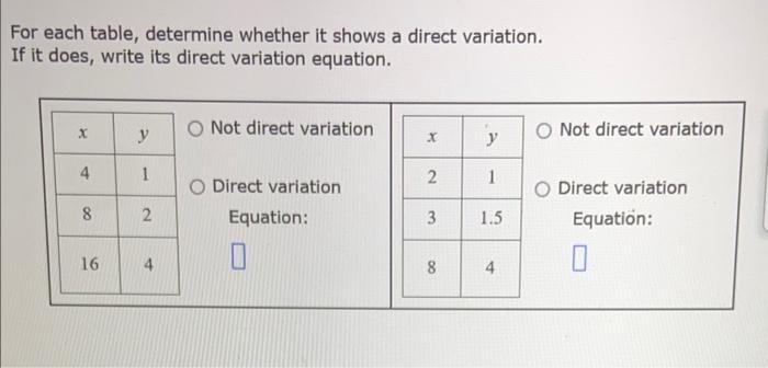 Solved For each table, determine whether it shows a direct | Chegg.com