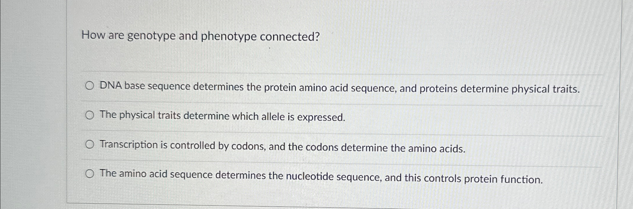 Solved How are genotype and phenotype connected?DNA base | Chegg.com