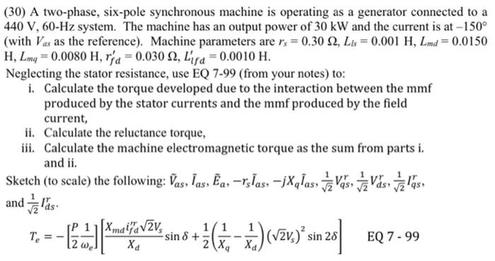 Solved (30) A two-phase, six-pole synchronous machine is | Chegg.com