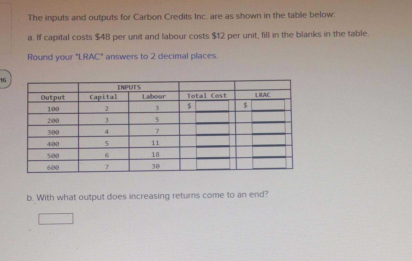 Solved The inputs and outputs for Carbon Credits Inc. are as | Chegg.com