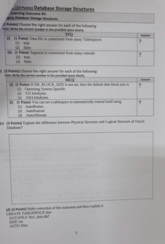Solved (10 ﻿Points) ﻿Database Storage Structurestearning | Chegg.com