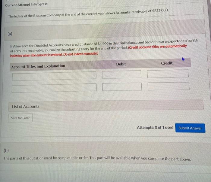 Solved Current Attempt in Progress The ledger of the Blossom | Chegg.com