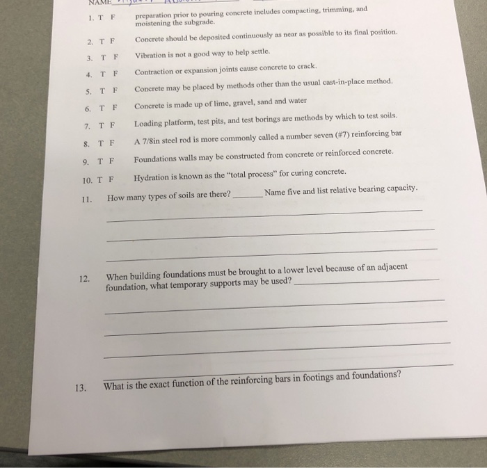Solved 1. TF preparation prior to pouring concrete includes | Chegg.com