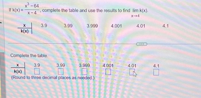 Solved If k(x)=x−4x3−64, complete the table and use the | Chegg.com