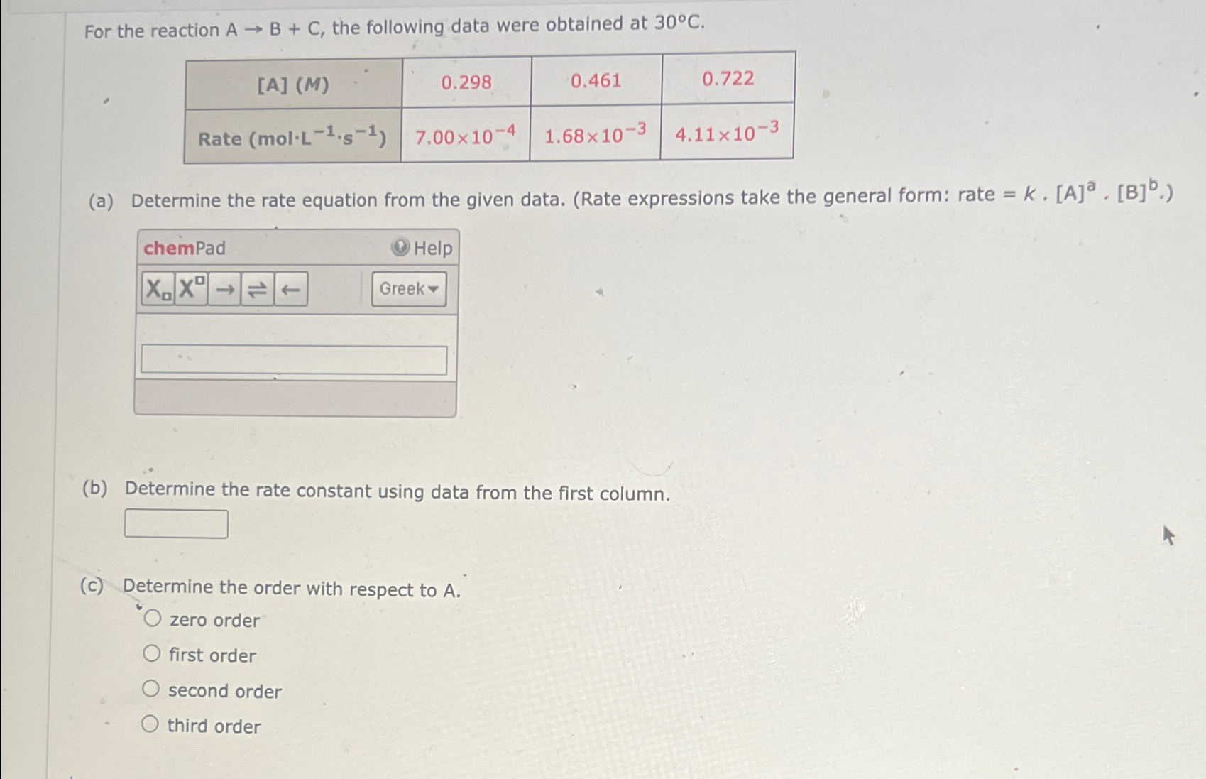 Solved For the reaction A→B+C, ﻿the following data were | Chegg.com