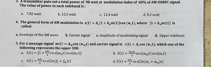 Solved 3. A transmitter puts out a total power of 98 watt at | Chegg.com