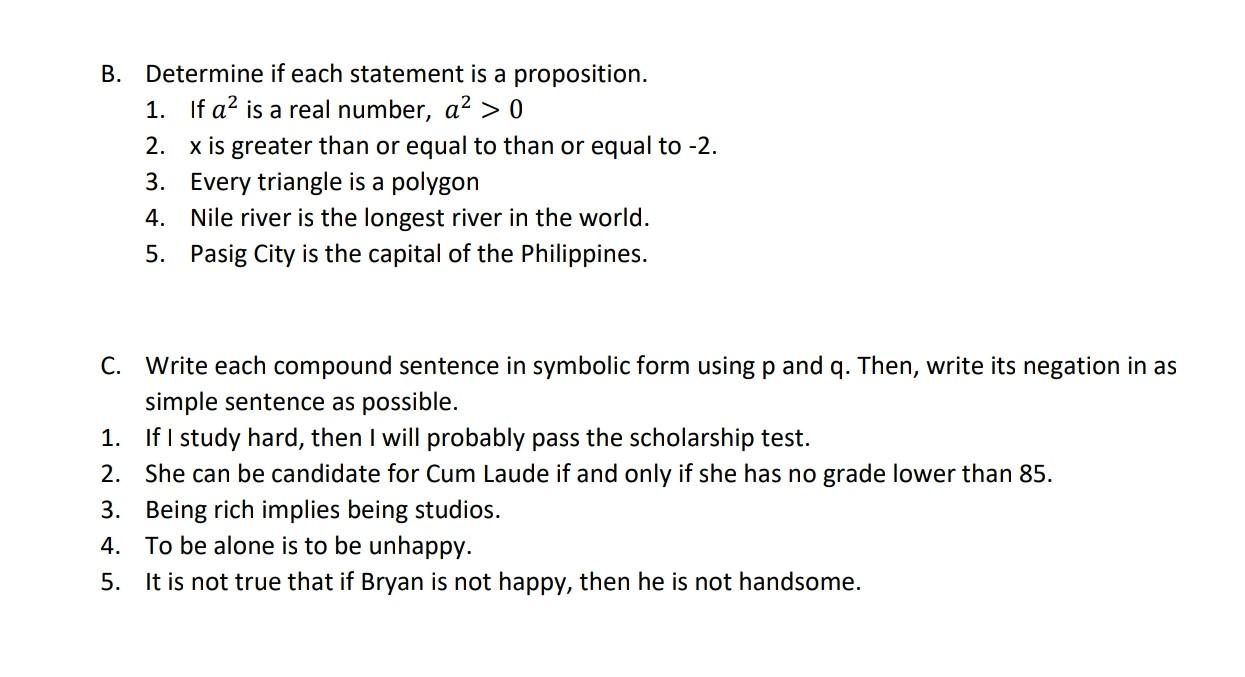 Solved B. Determine if each statement is a proposition. 1. | Chegg.com