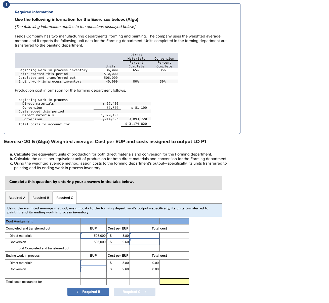 Solved Exercise 20-6 (Algo) ﻿Weighted average: Cost per EUP | Chegg.com