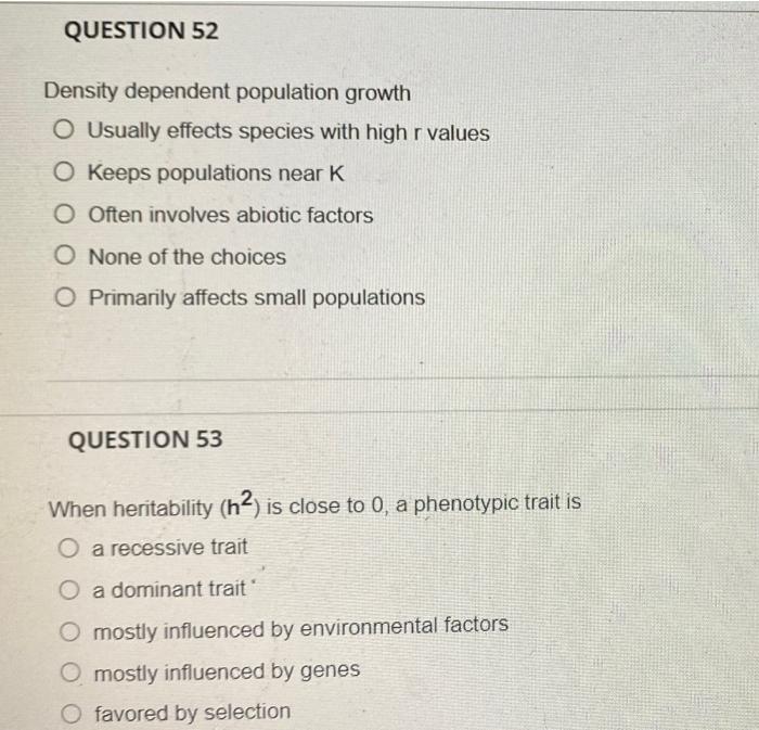 Solved QUESTION 52 Density dependent population growth O | Chegg.com