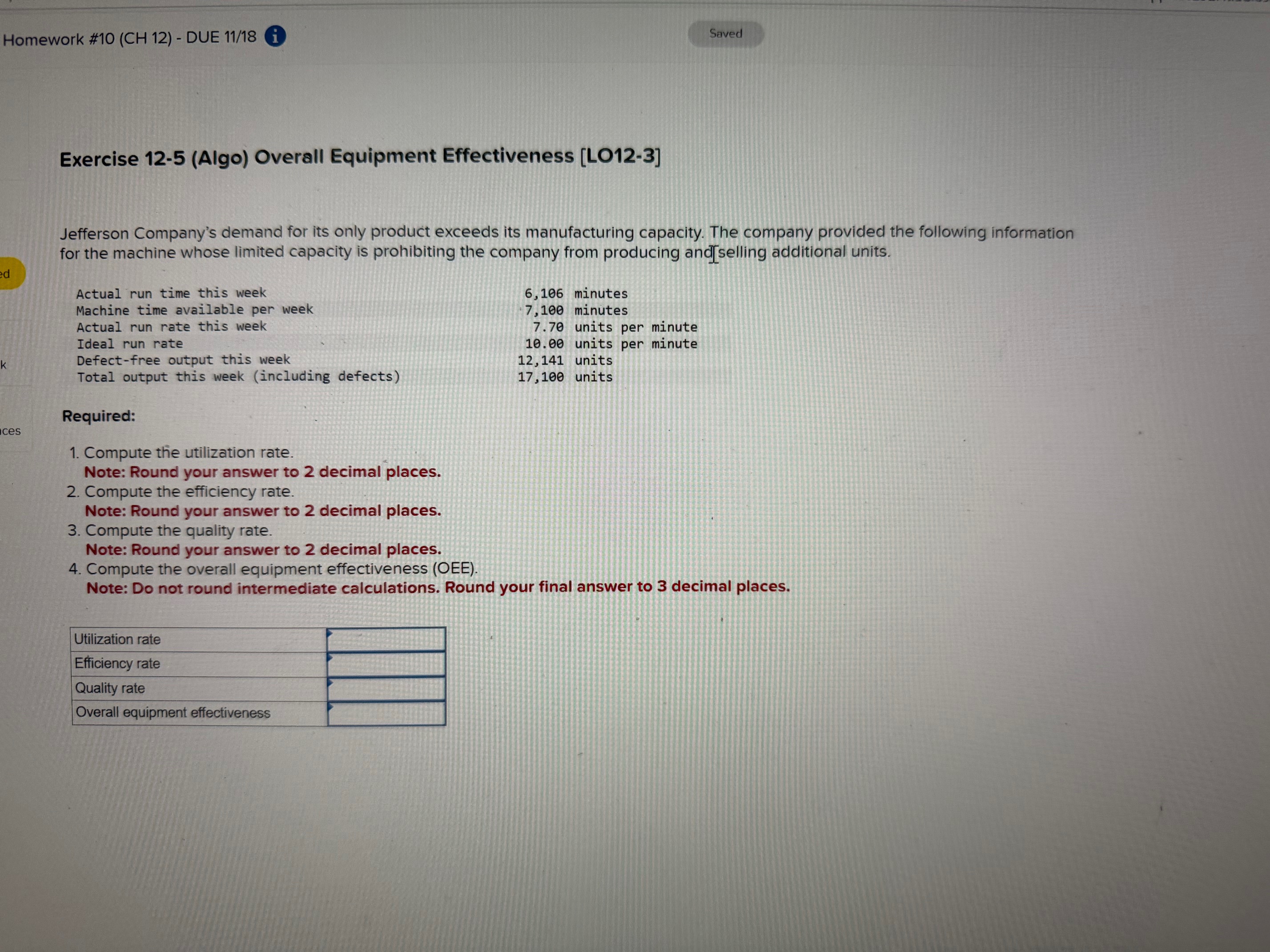Solved Exercise 12-5 (Algo) ﻿Overall Equipment Effectiveness | Chegg.com
