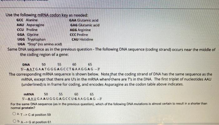 Solved Use the following mRNA codon key as needed: GCC | Chegg.com
