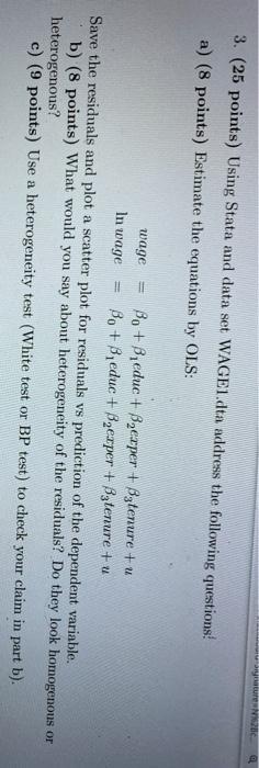 Solved 2 3. (25 points) Using Stata and data set WAGE1.dta | Chegg.com