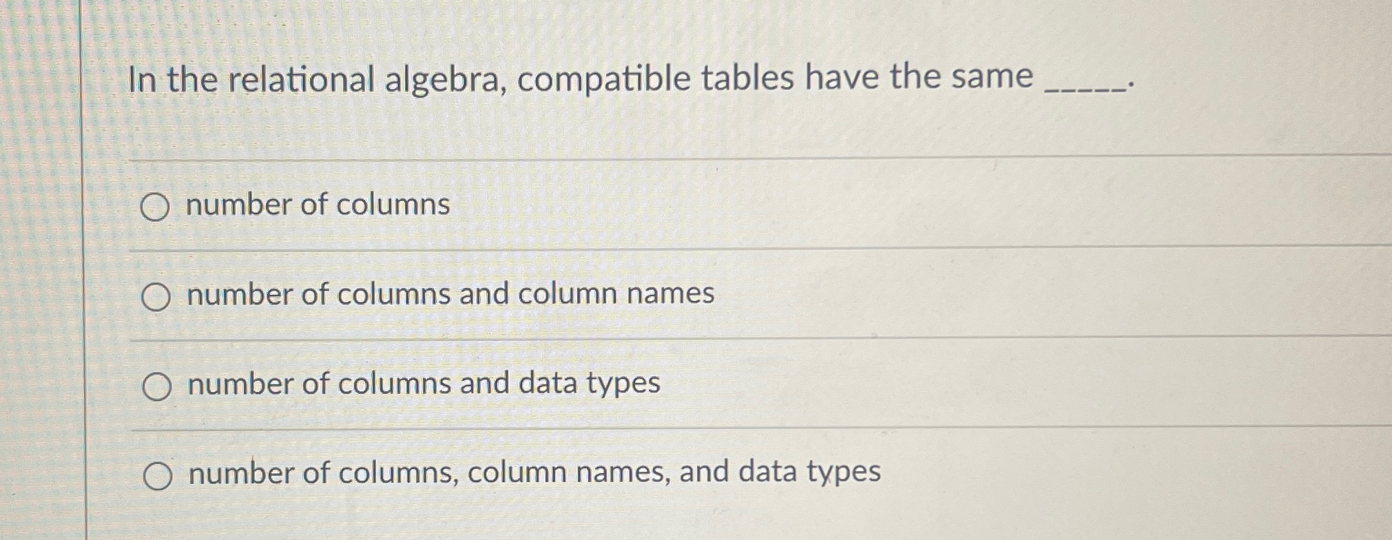 Solved In the relational algebra, compatible tables have the | Chegg.com
