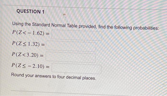 Solved Using the Standard Normal Table provided, find the | Chegg.com
