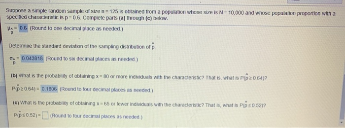 Solved Suppose a simple random sample of size n=125 is | Chegg.com