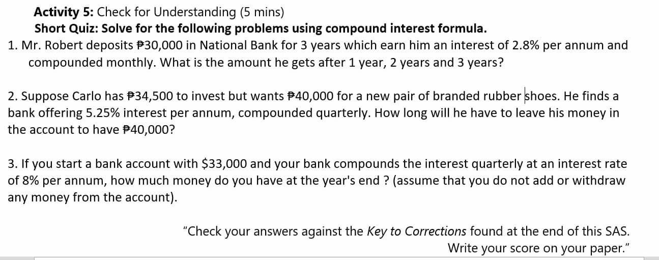 Solved Activity 5: Check for Understanding (5 mins) Short | Chegg.com