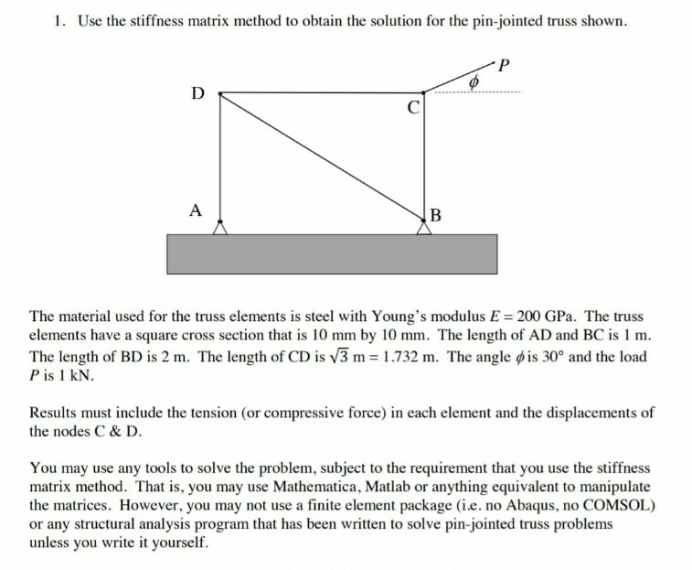 Solved 1. Use the stiffness matrix method to obtain the | Chegg.com