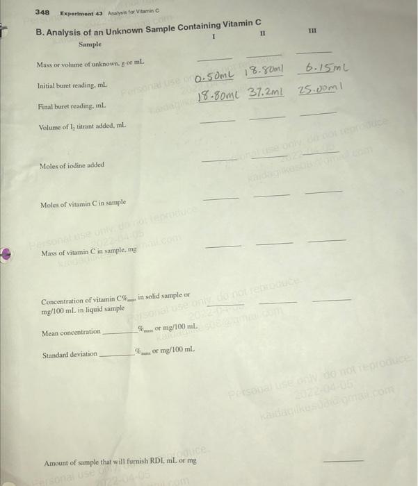 Solved Experiment 43 Data and Calculations: Analysis for | Chegg.com