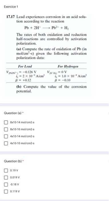Solved Exercice 1 17.17 Lead experiences corrosion in an | Chegg.com