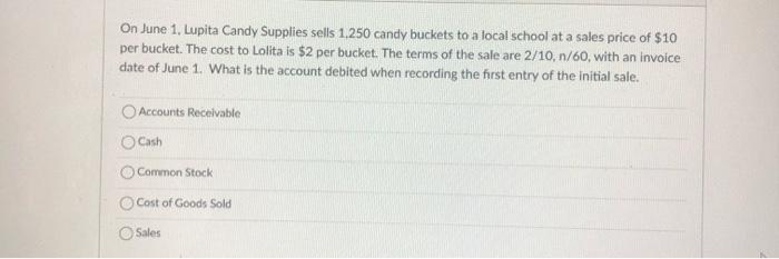 Solved On June 1, Lupita Candy Supplies sells 1,250 candy | Chegg.com