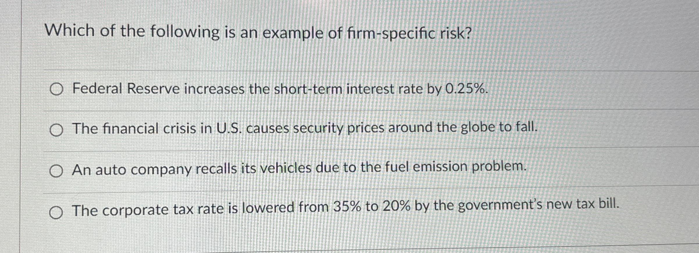 Solved Which of the following is an example of firm-specific | Chegg.com