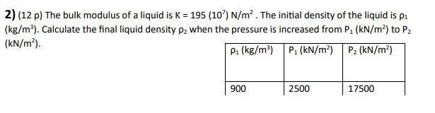 Solved 2) (12 p) The bulk modulus of a liquid is | Chegg.com