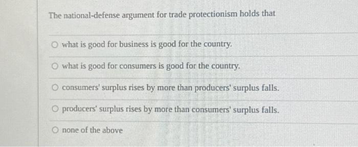 Solved The national-defense argument for trade protectionism | Chegg.com