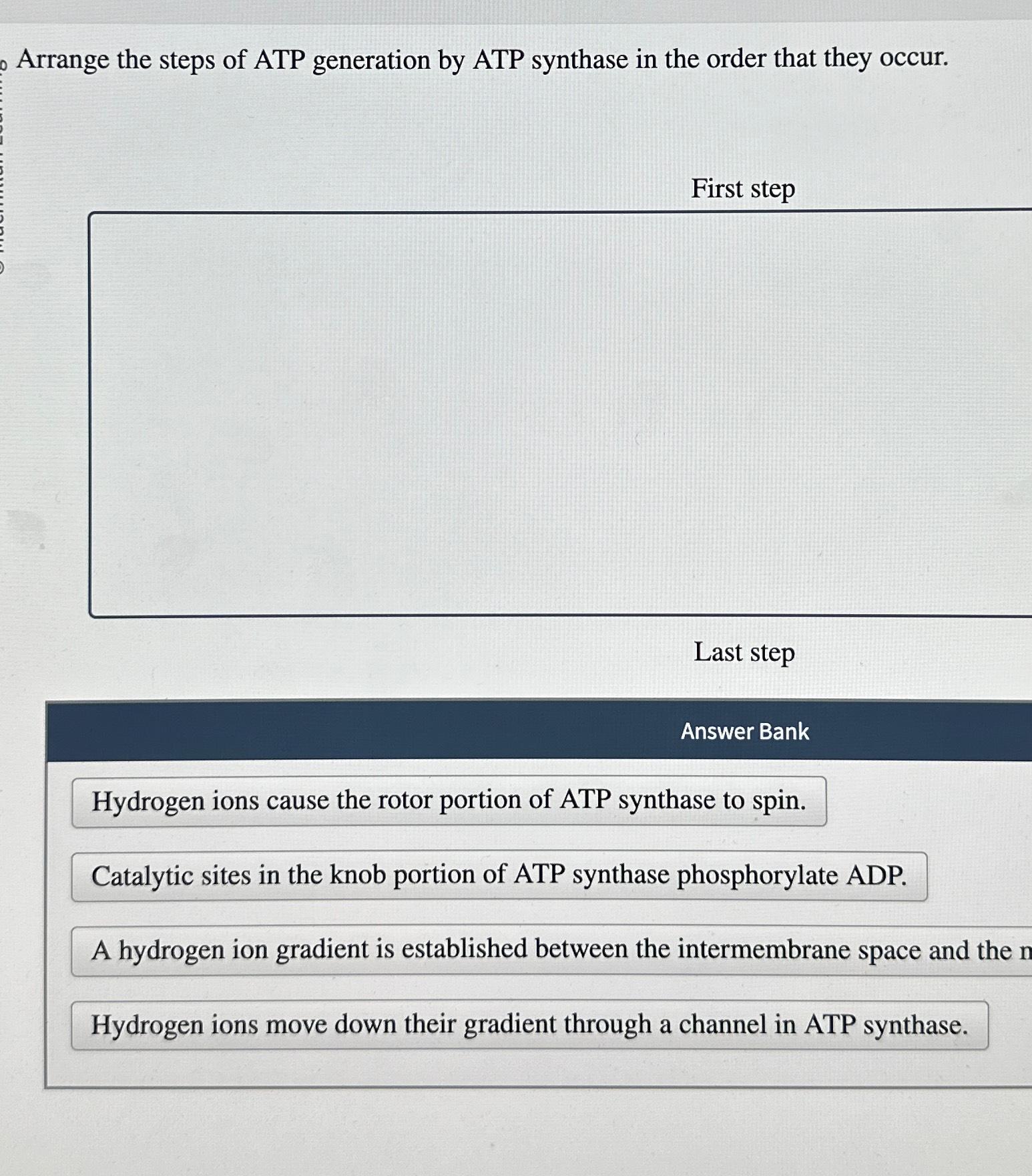 Solved Arrange the steps of ATP generation by ATP synthase | Chegg.com