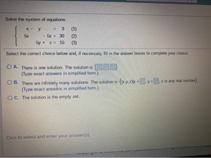 Solved Solve the system of equations. х- у 3 5x - 5z = 30 5y | Chegg.com