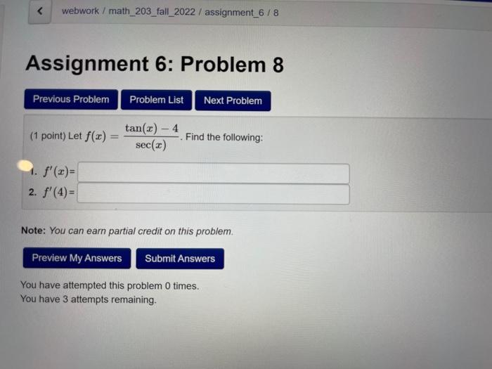 Solved (1 point) Let f(x)=sec(x)tan(x)−4. Find the follo 1. | Chegg.com