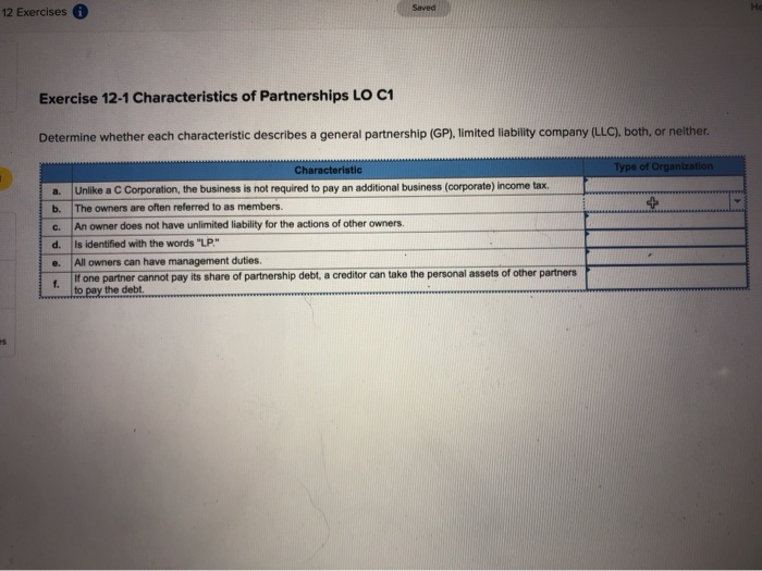 Solved Saved Не 12 Exercises Exercise 12-1 Characteristics | Chegg.com