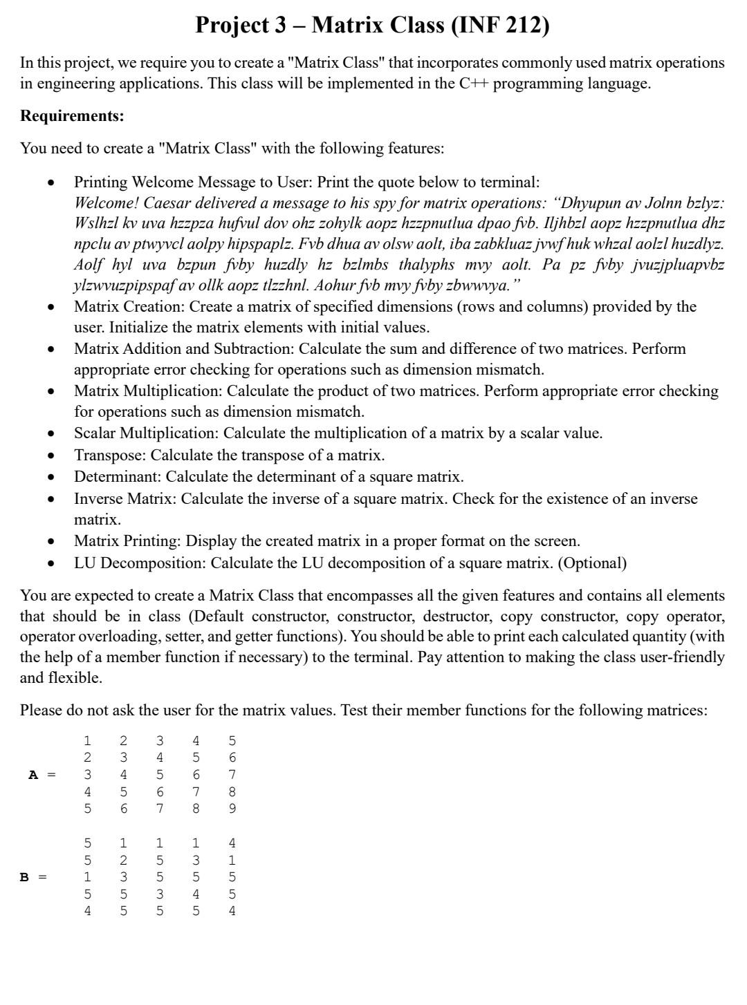 Solved In this project, we require you to create a "Matrix | Chegg.com