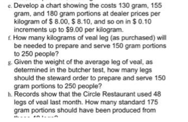 e. Develop a chart showing the costs 130 gram, 155 | Chegg.com
