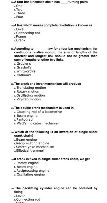 Solved turning pairs 19 A four bar kinematic chain has .One | Chegg.com