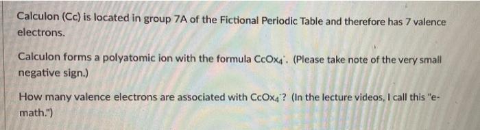 Solved Calculon (Cc) is located in group 7A of the Fictional | Chegg.com