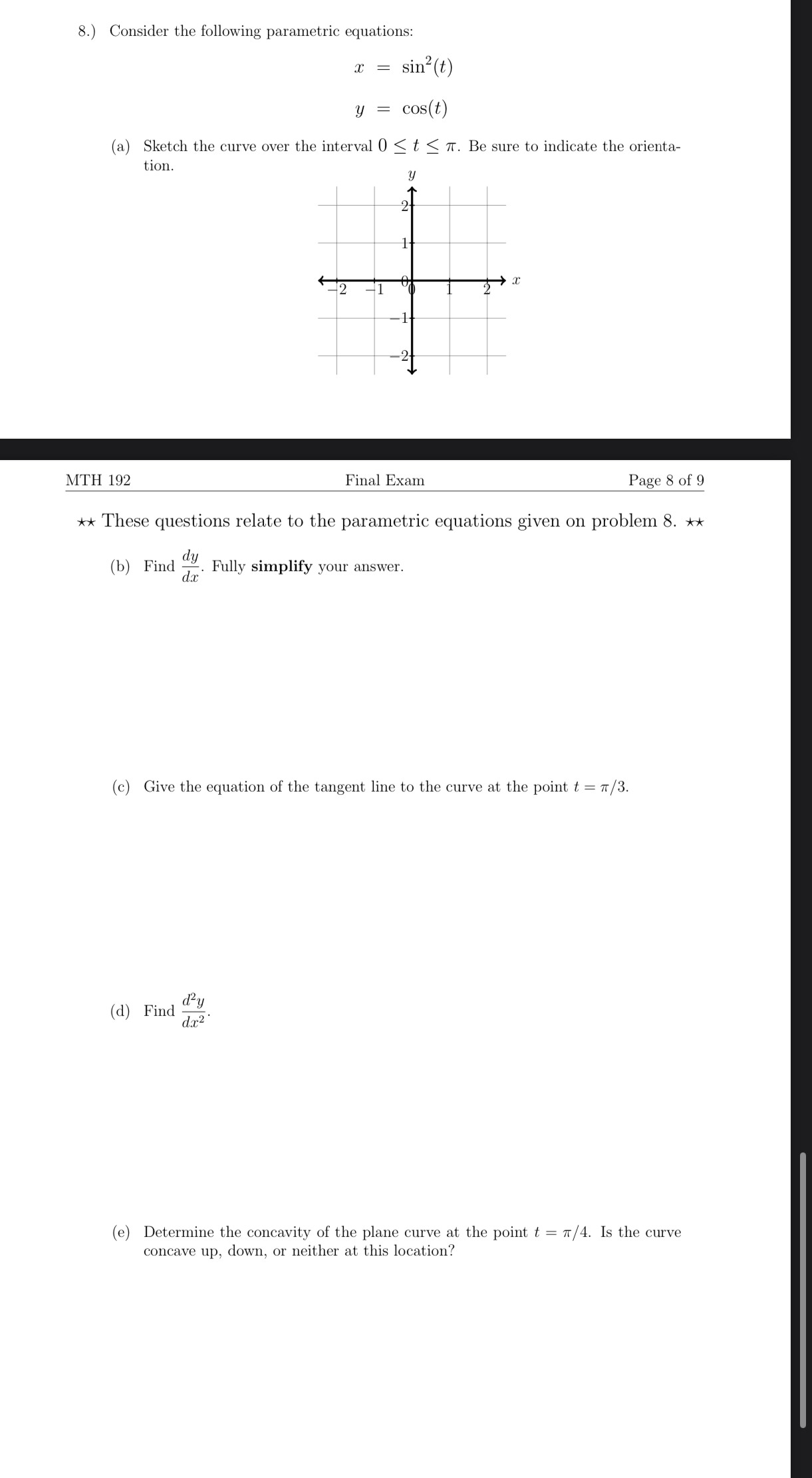 Solved 8.) ﻿Consider the following parametric | Chegg.com