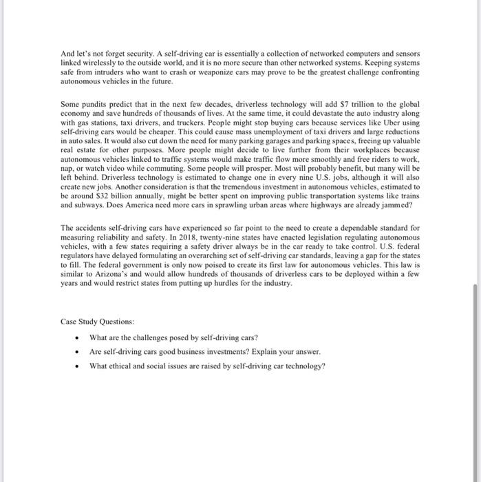 Solved Can Cars Drive Themselves—And Should They? Case Study | Chegg.com