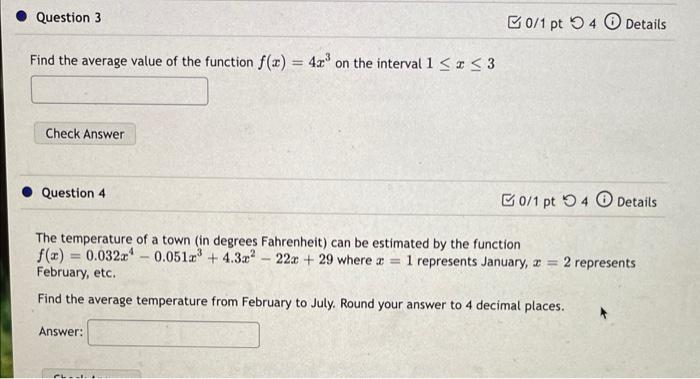 Solved Find the average value of the function f(x)=4x3 on | Chegg.com