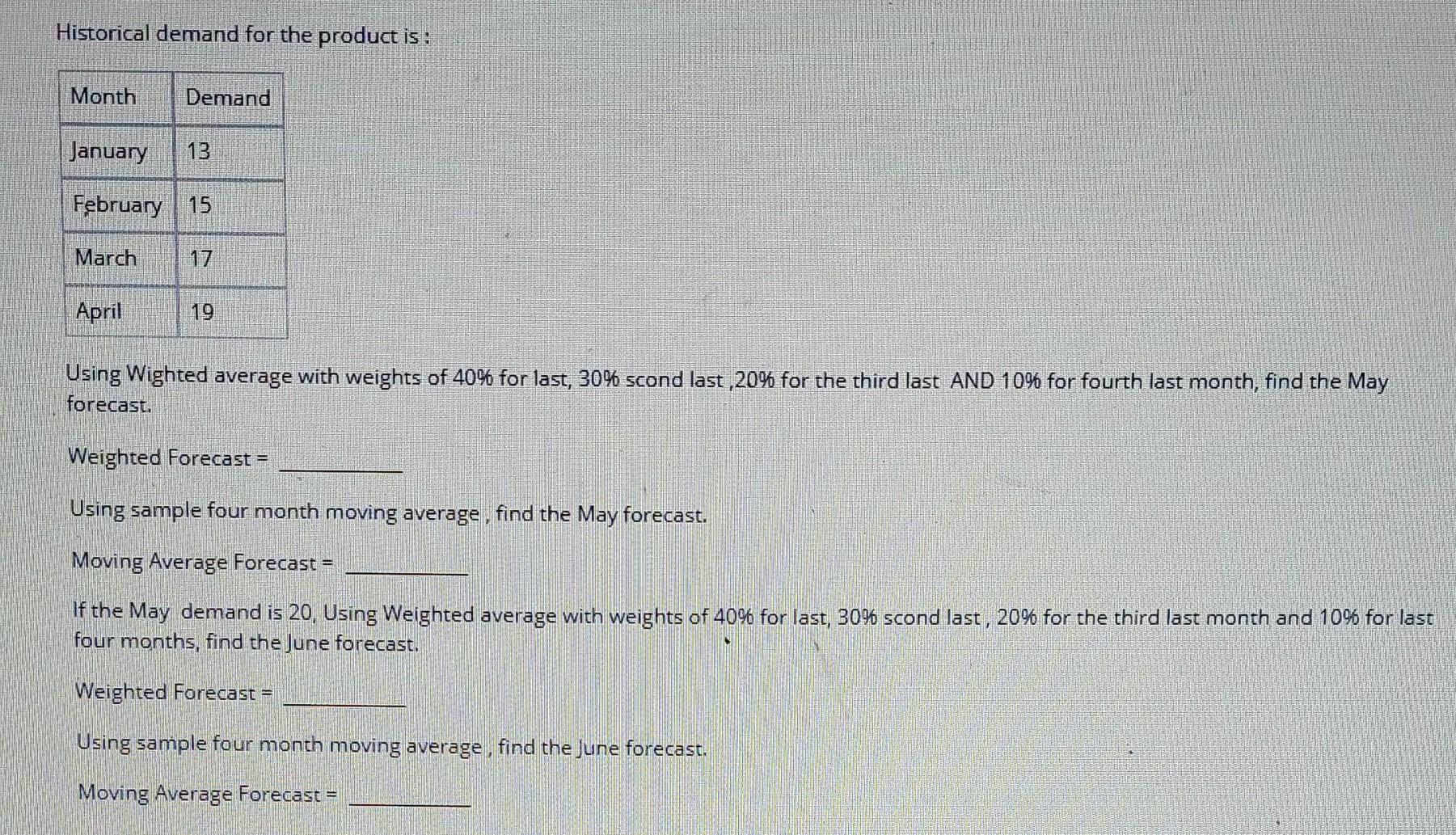 Solved Historical demand for the product is : Month Demand | Chegg.com