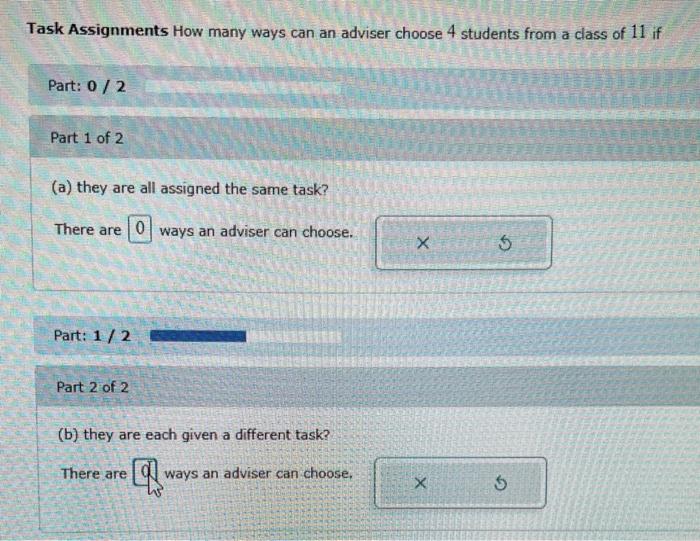Solved Task Assignments How many ways can an adviser choose | Chegg.com